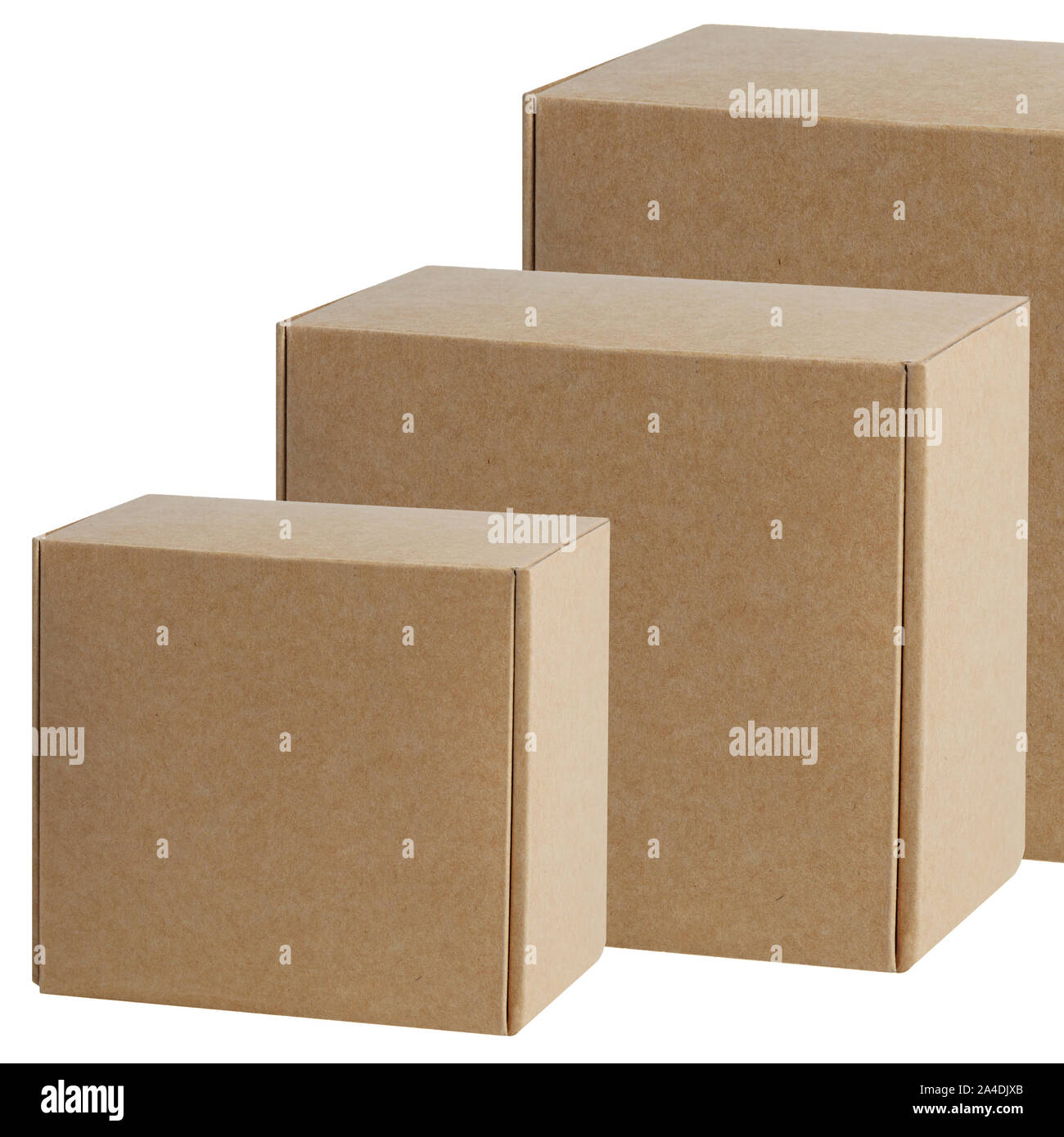 Cardboard boxes of various sizes are arranged in a row diagonally ...