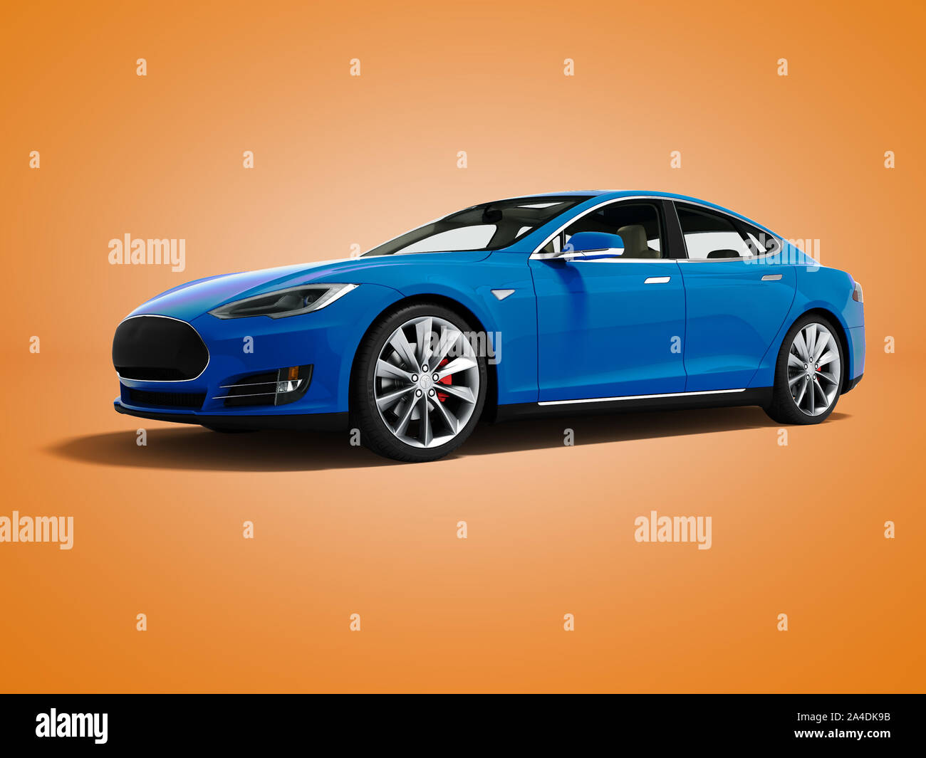 Modern blue electric car for travel isolated 3d render on orange ...