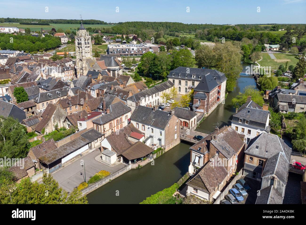 AERIAL VIEW OF THE TOWN OF RUGLES CROSSED BY THE RISLE RIVER, EURE ...