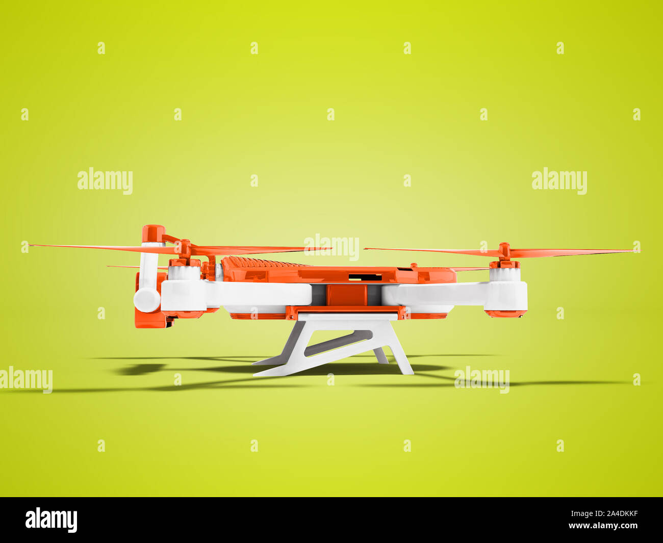 Modern orange drone side view 3d render on yellow background with ...