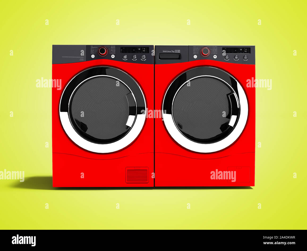 Red washing machine and drying laundry for home use 3d render on yellow ...