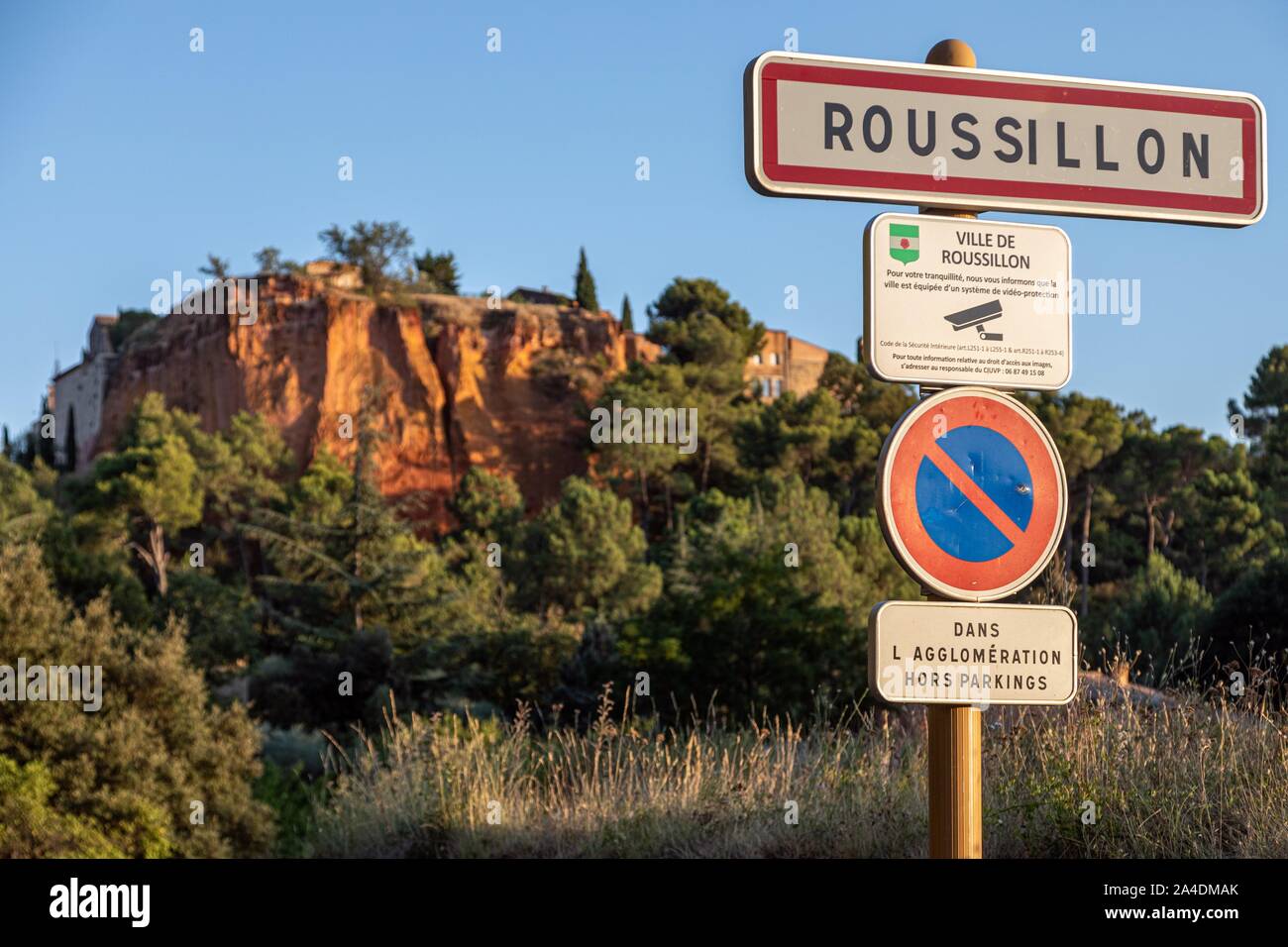 ENTRY SIGN FOR THE TOWN UNDER VIDEO SURVEILLANCE, ROUSSILLON, VAUCLUSE ...