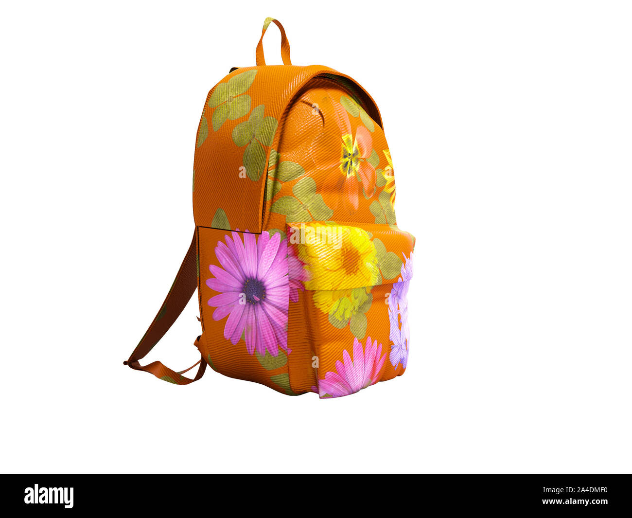 Modern orange backpack in school for girl and teenager with flowers ...