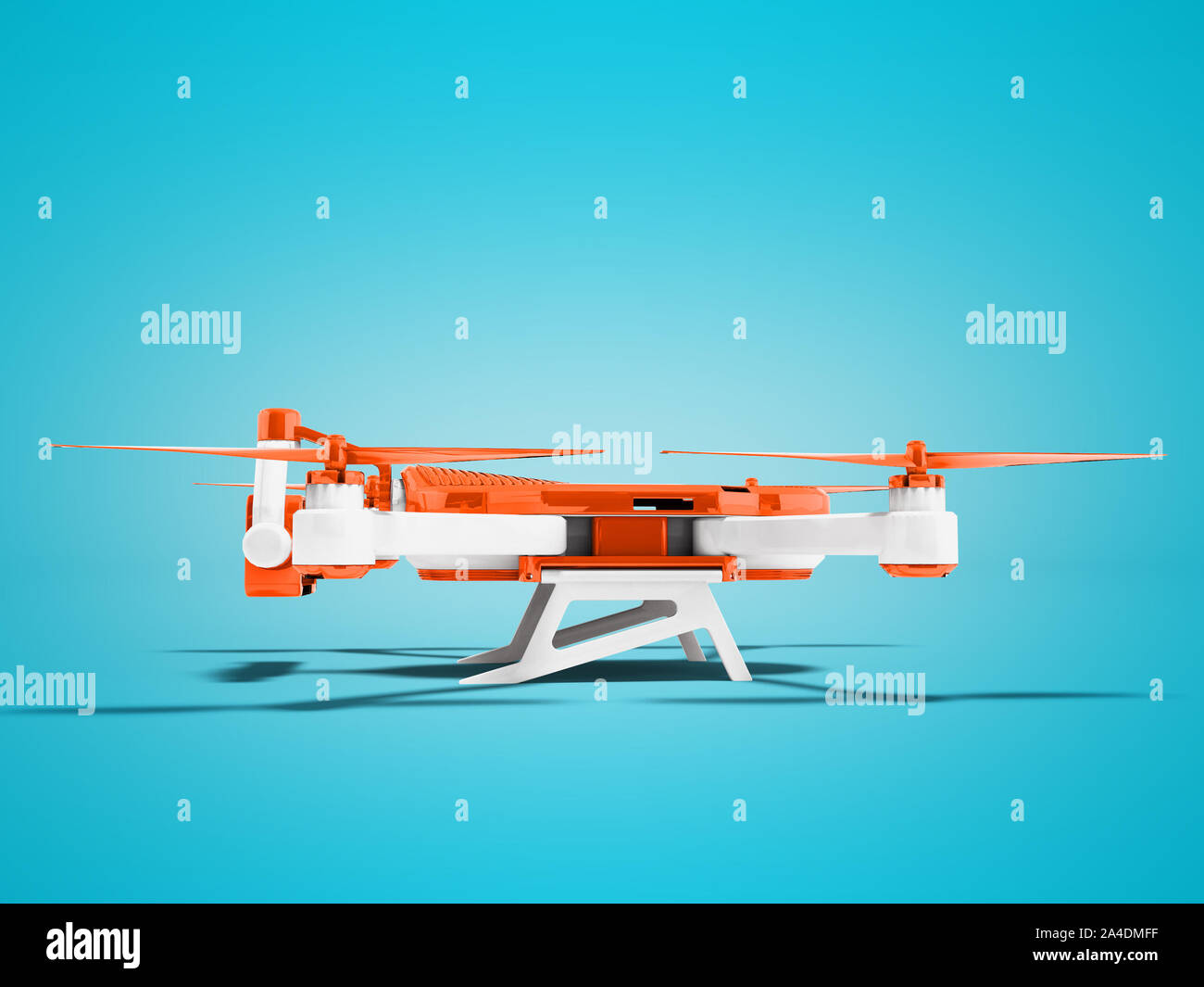 Modern orange drone side view 3d render on blue background with shadow ...