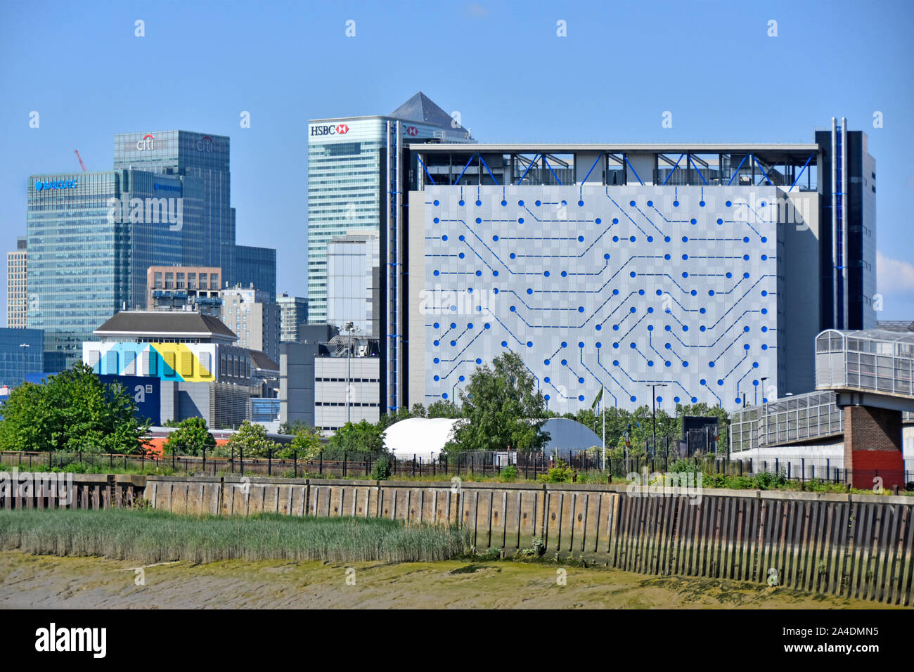 Urban landscape from River Lea modern façade of Telehouse data centre ...