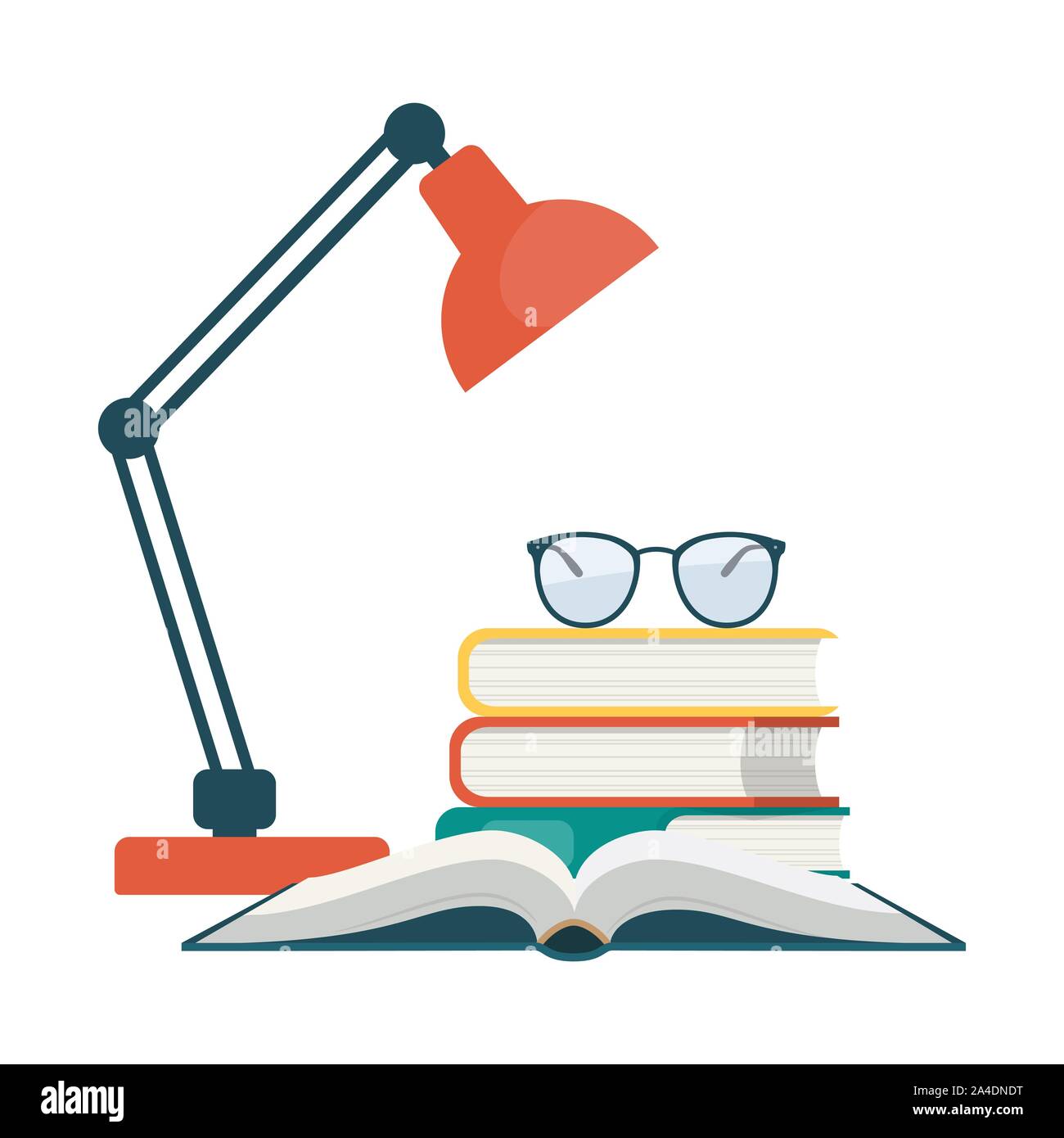 Table lamp, different books, glasses. Love reading concept. Vector ... Table lamp, different books, glasses. Love reading concept. Vector ...