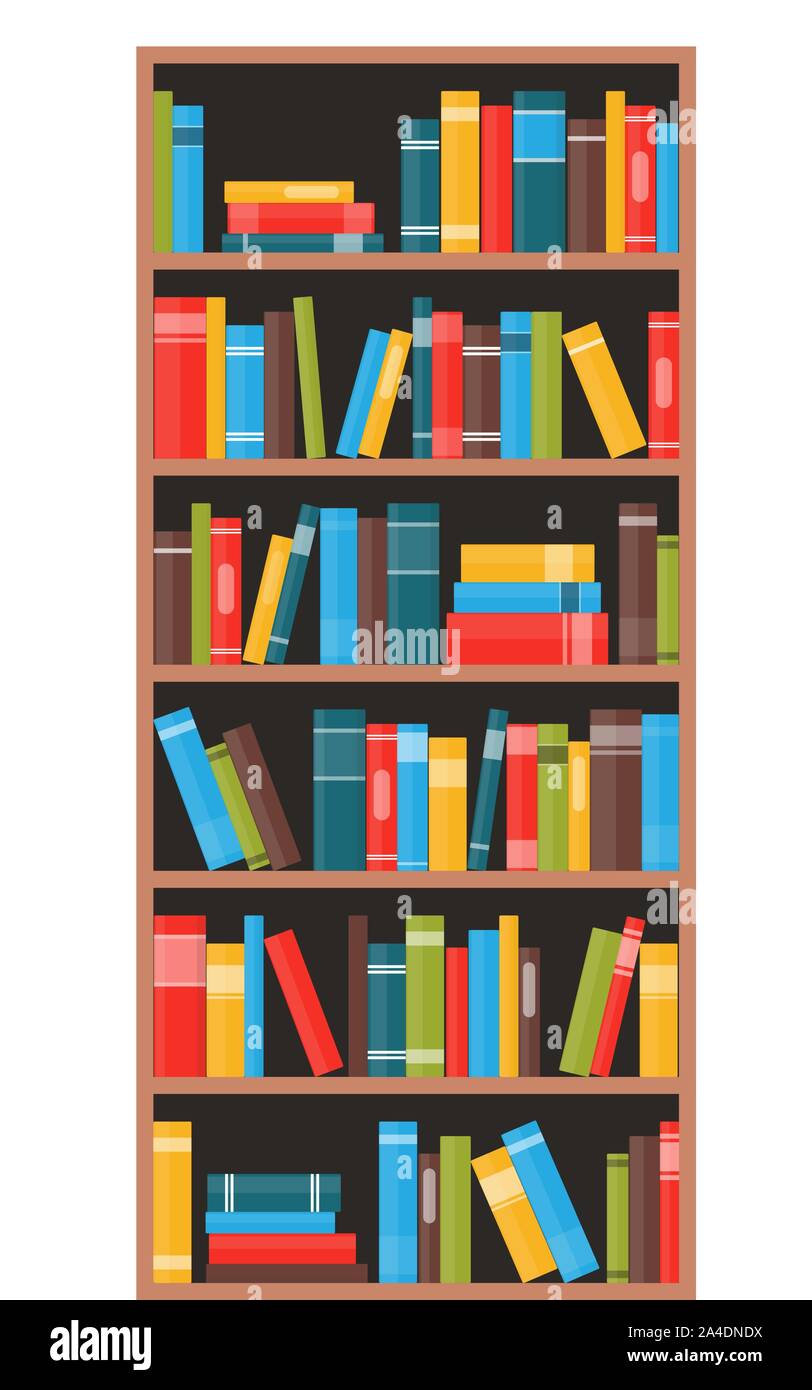 Bookcase with books. Book shelves with multicolored book spines. Vector ...