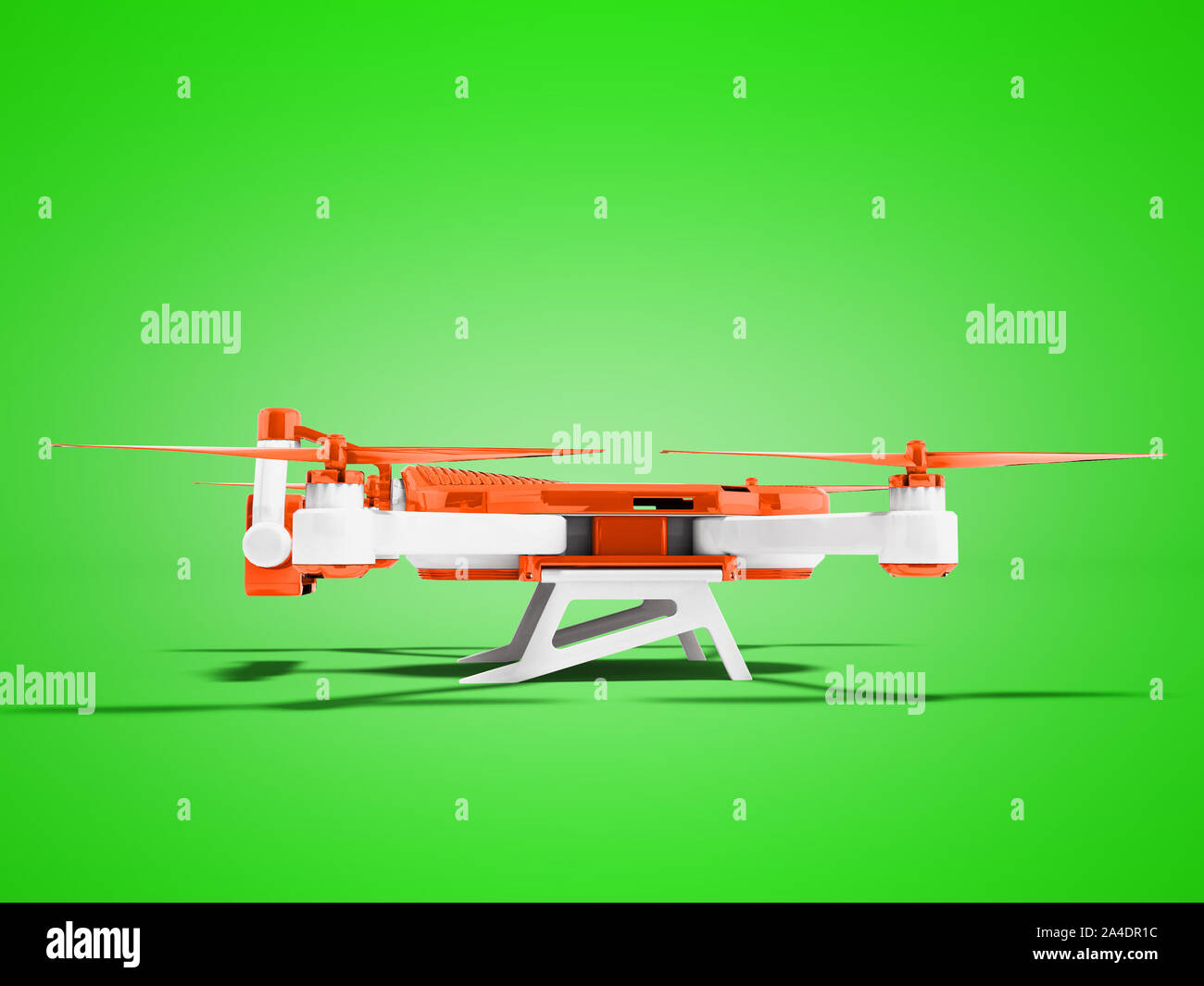 Modern orange drone side view 3d render on green background with shadow ...