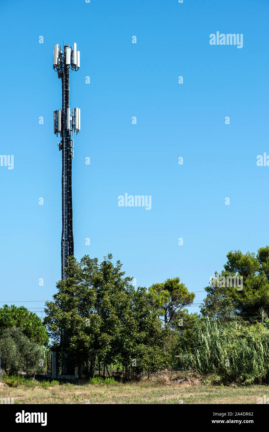 Telecommunication 5G transmitters. GSM antenna on blue sky. Antenna in ...
