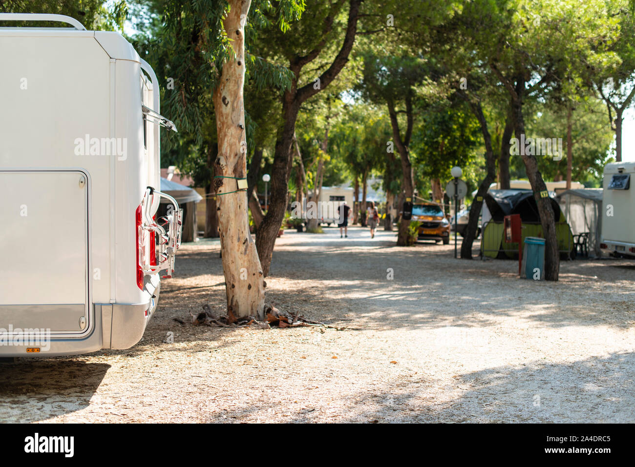 Caravan on campsite. Camping view Stock Photo - Alamy