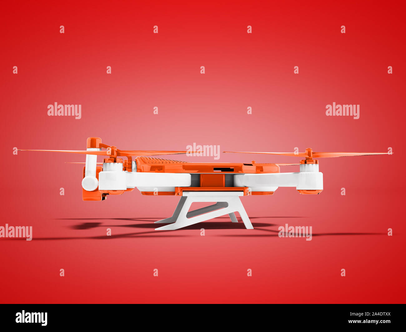 Modern orange drone side view 3d render on red background with shadow ...
