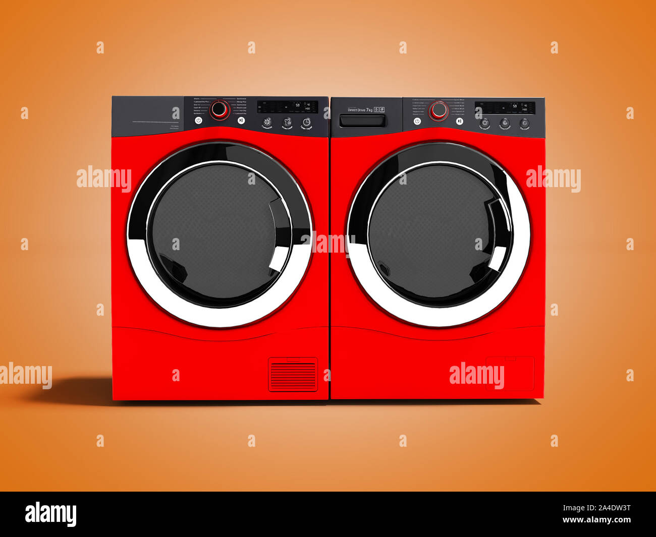 Red washing machine and drying laundry for home use 3d render on orange ...