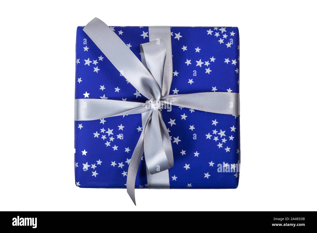 Blue christmas present with silver stars on white (top view Stock Photo ...