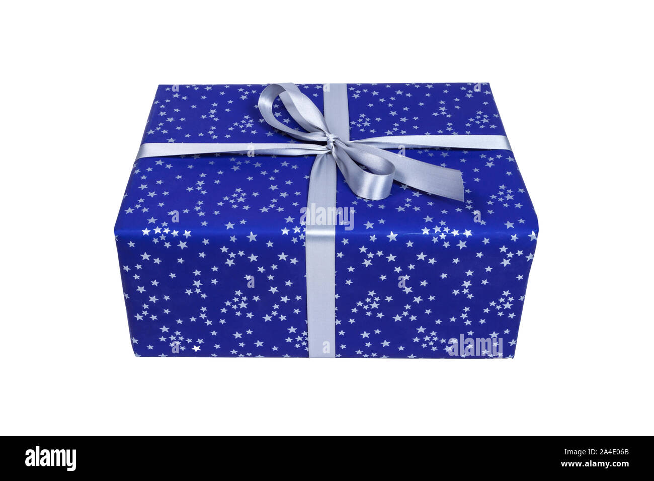 Blue christmas present with silver stars on white background Stock ...