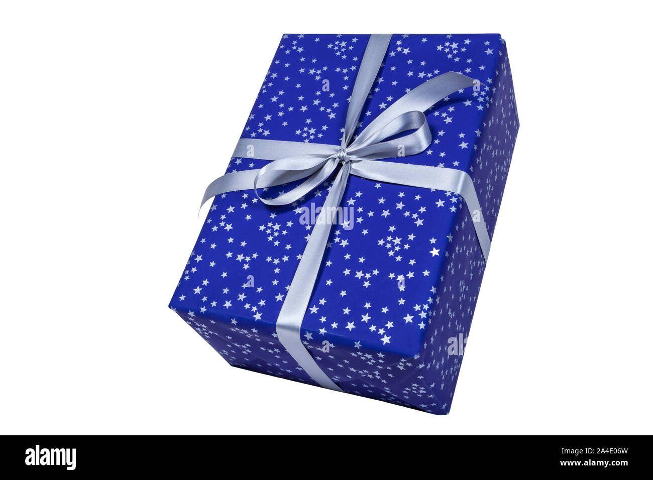 Blue christmas present with silver stars on white background Stock ...