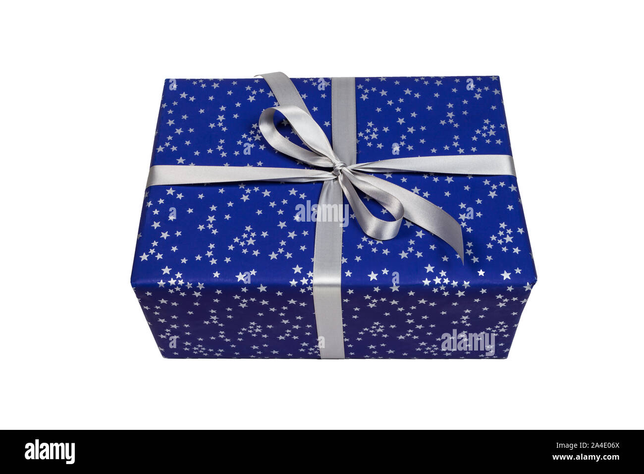 Blue christmas present with silver stars on white background Stock ...