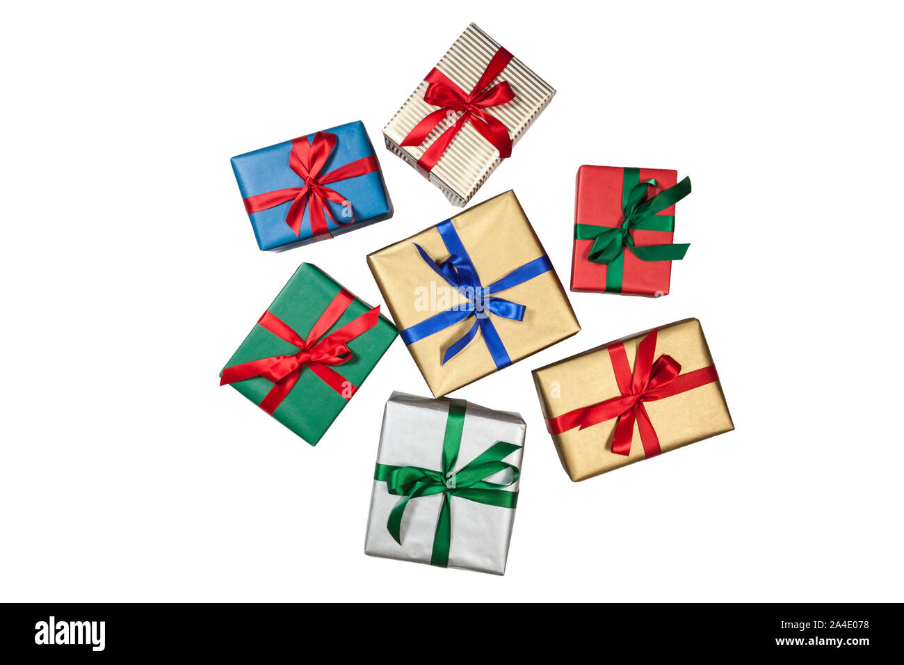 Stack of christmas presents on white (top view Stock Photo - Alamy