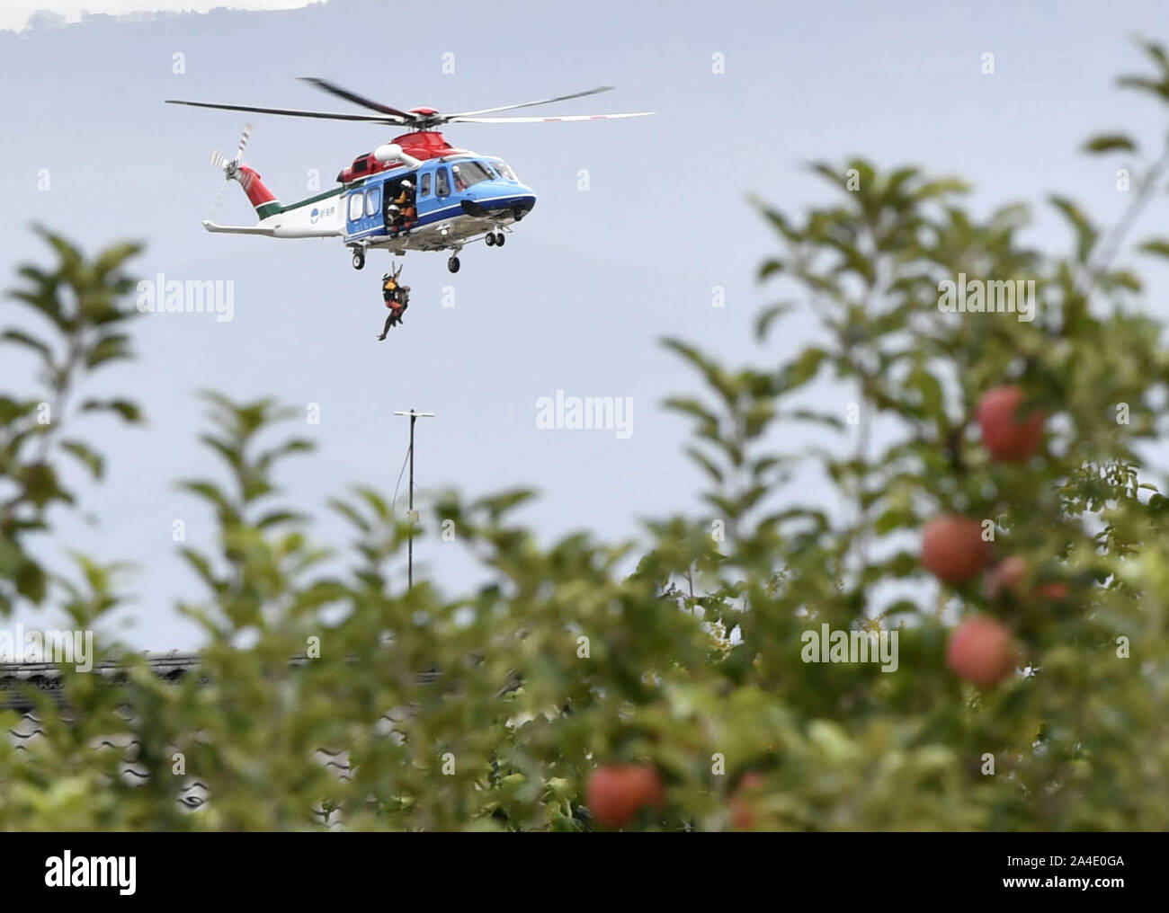 Nagano, Japan. 14th Oct, 2019. Rescue workers winch a resident to ...