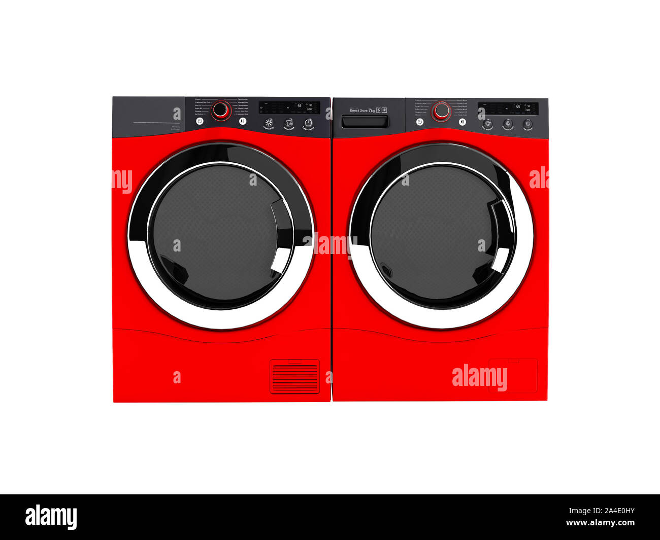 Red washing machine and drying laundry for home use 3d render on white ...