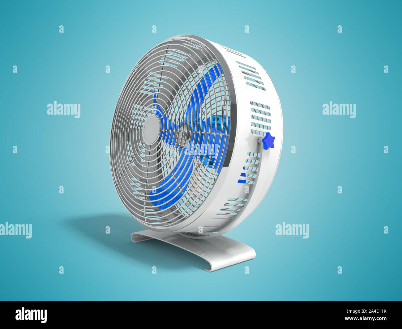 Modern blue metal fan for cooling rooms right view 3d render on blue ...