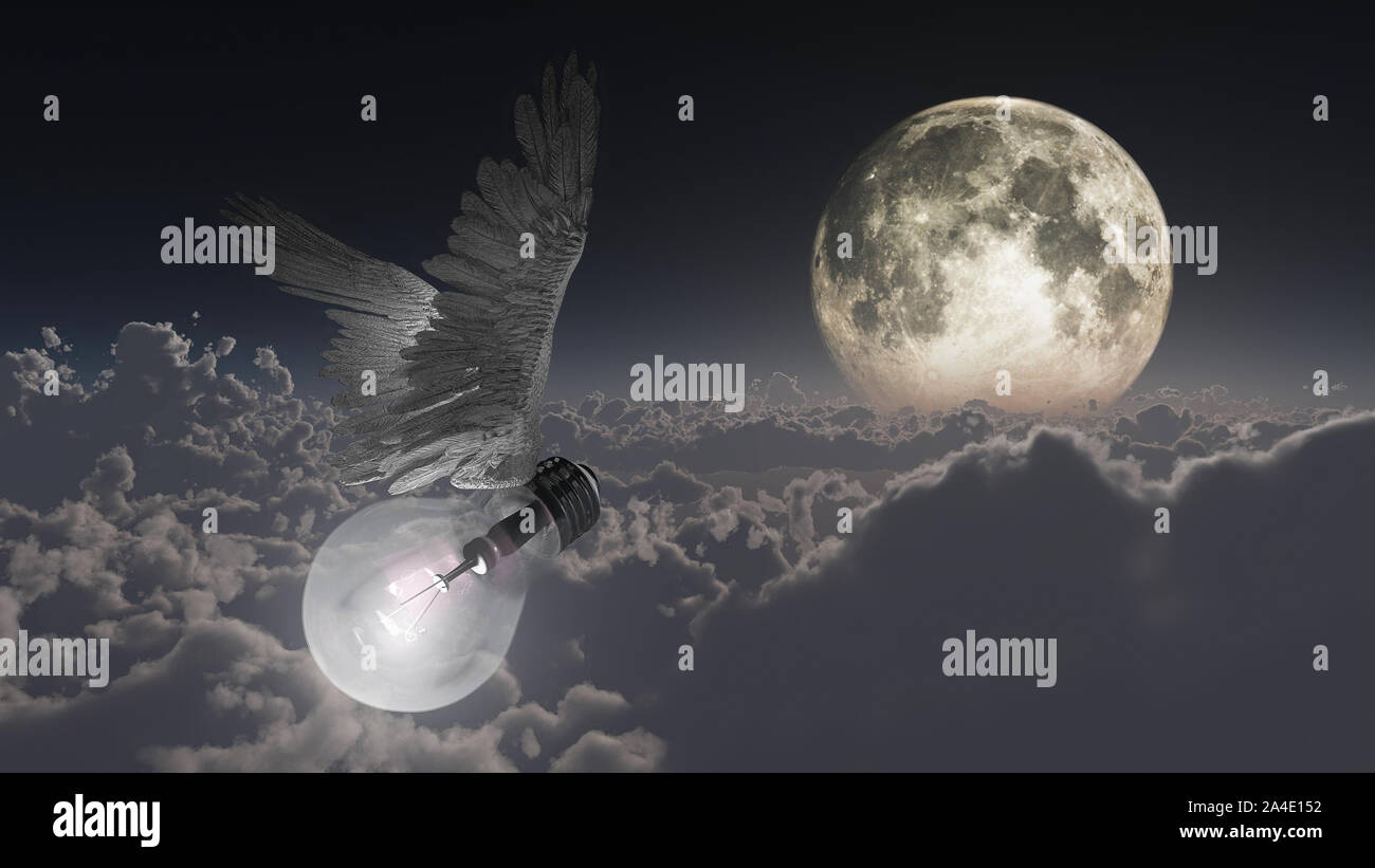 Winged light bulb in cloudy sky with full moon Stock Photo - Alamy