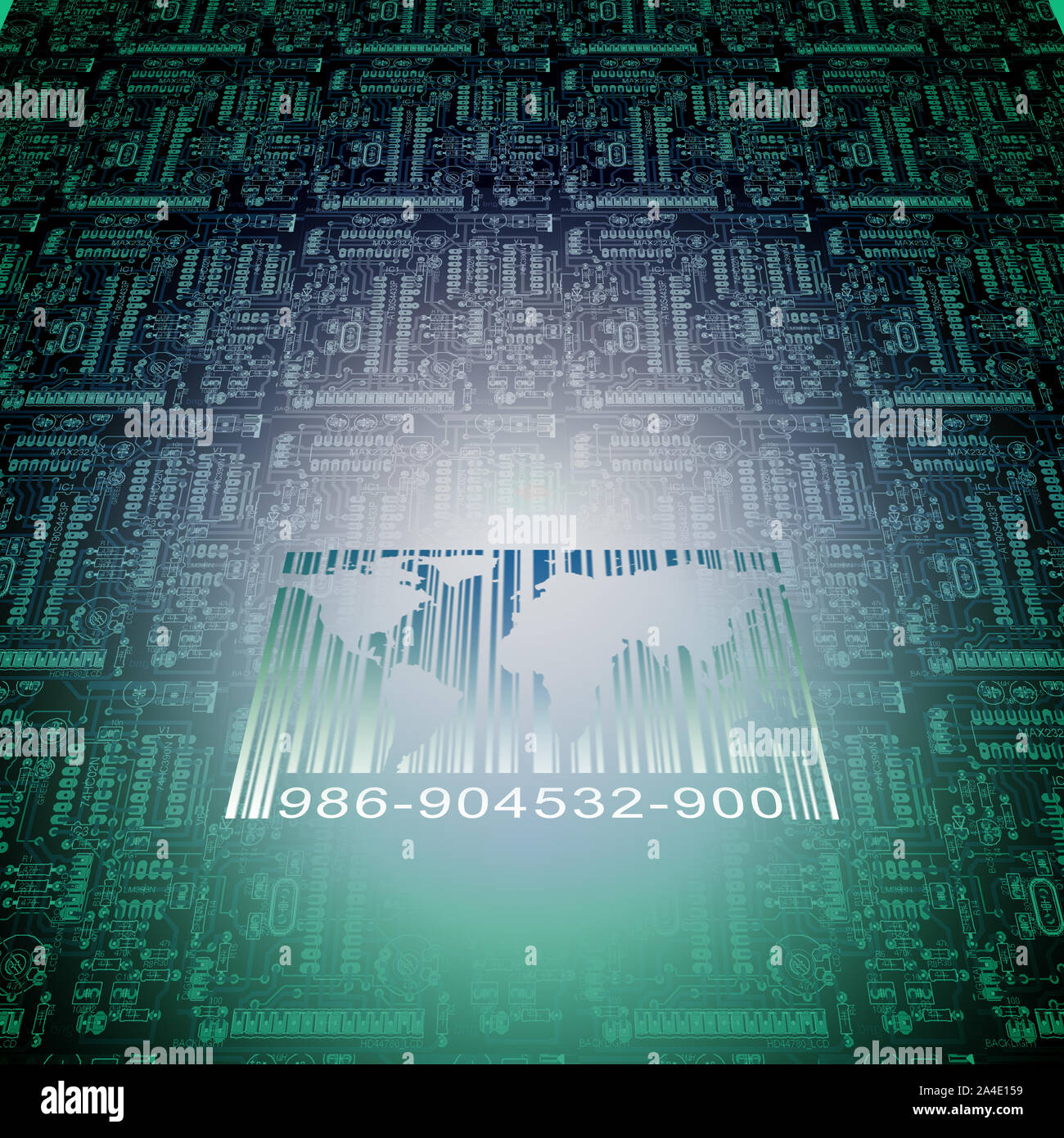 Modern art. Binary code, world map and bar code Stock Photo - Alamy