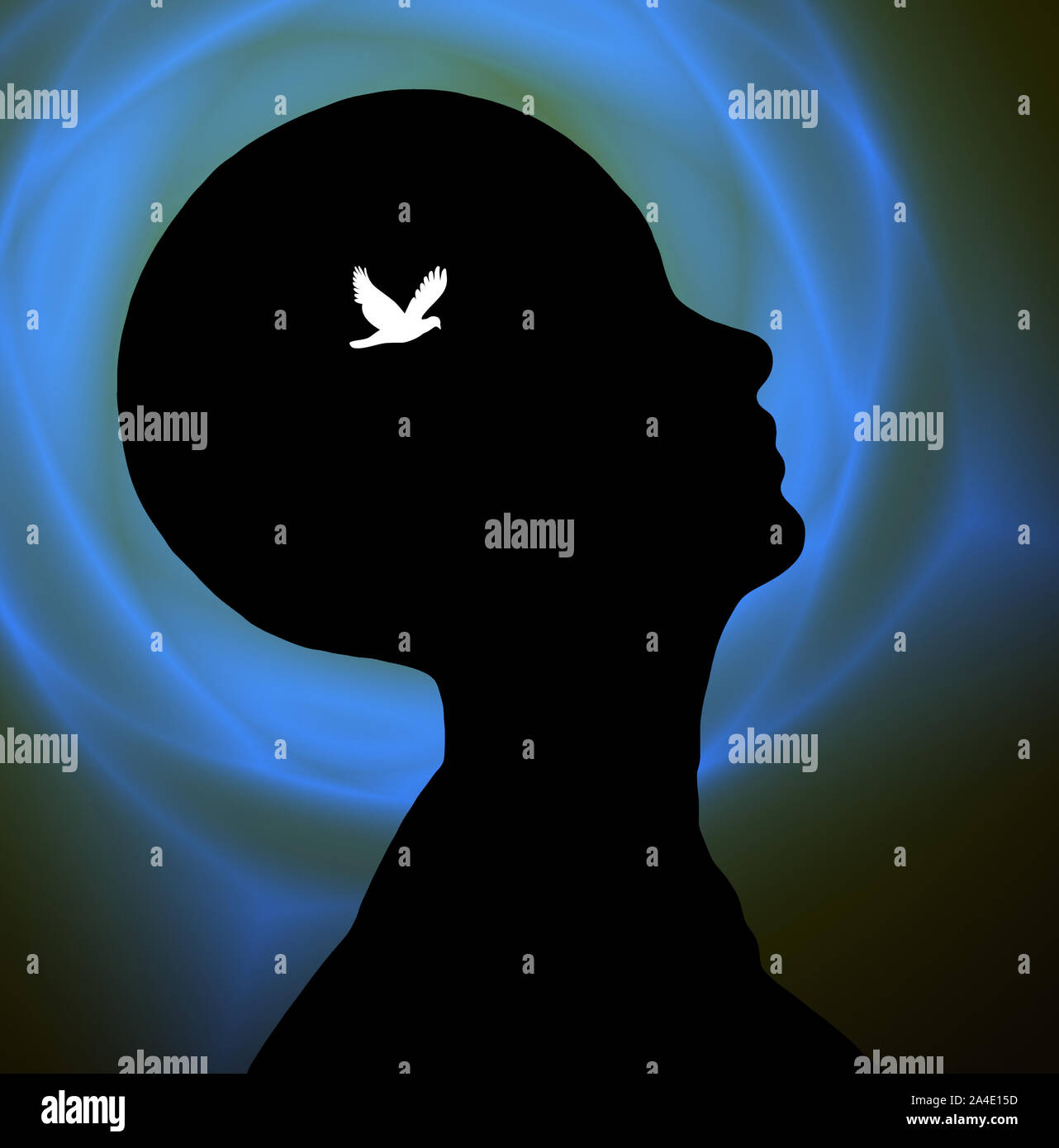 Hope. Symbolic composition. White dove silhouette inside human head ...