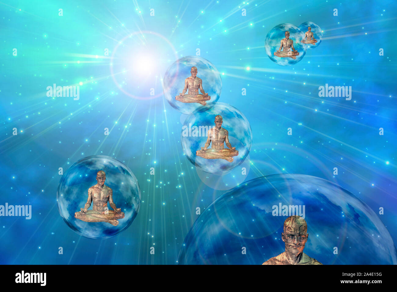 Cyborgs meditation. Robots meditates in transparent spheres Stock Photo ...