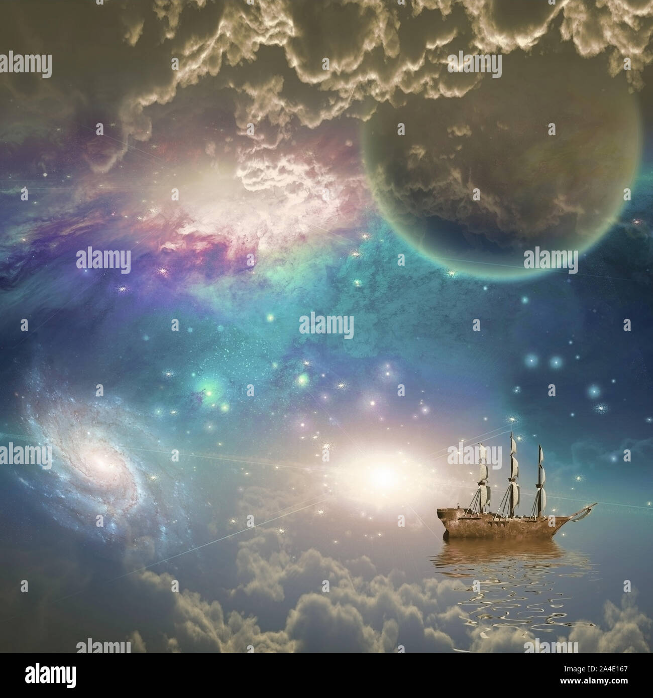Sailing ship with full sails in fantastic space scene Stock Photo - Alamy