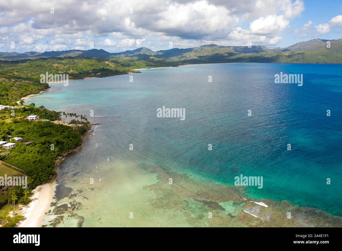 Aerial photography of wonderful tropical panorama of Rincon bay.Samana ...