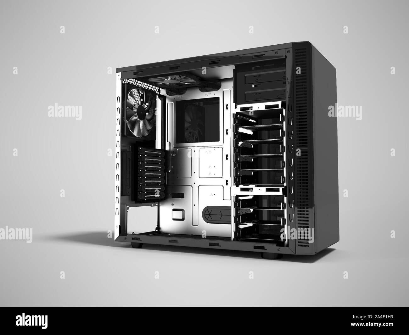 Modern black system unit open 3d render on gray background with shadow ...