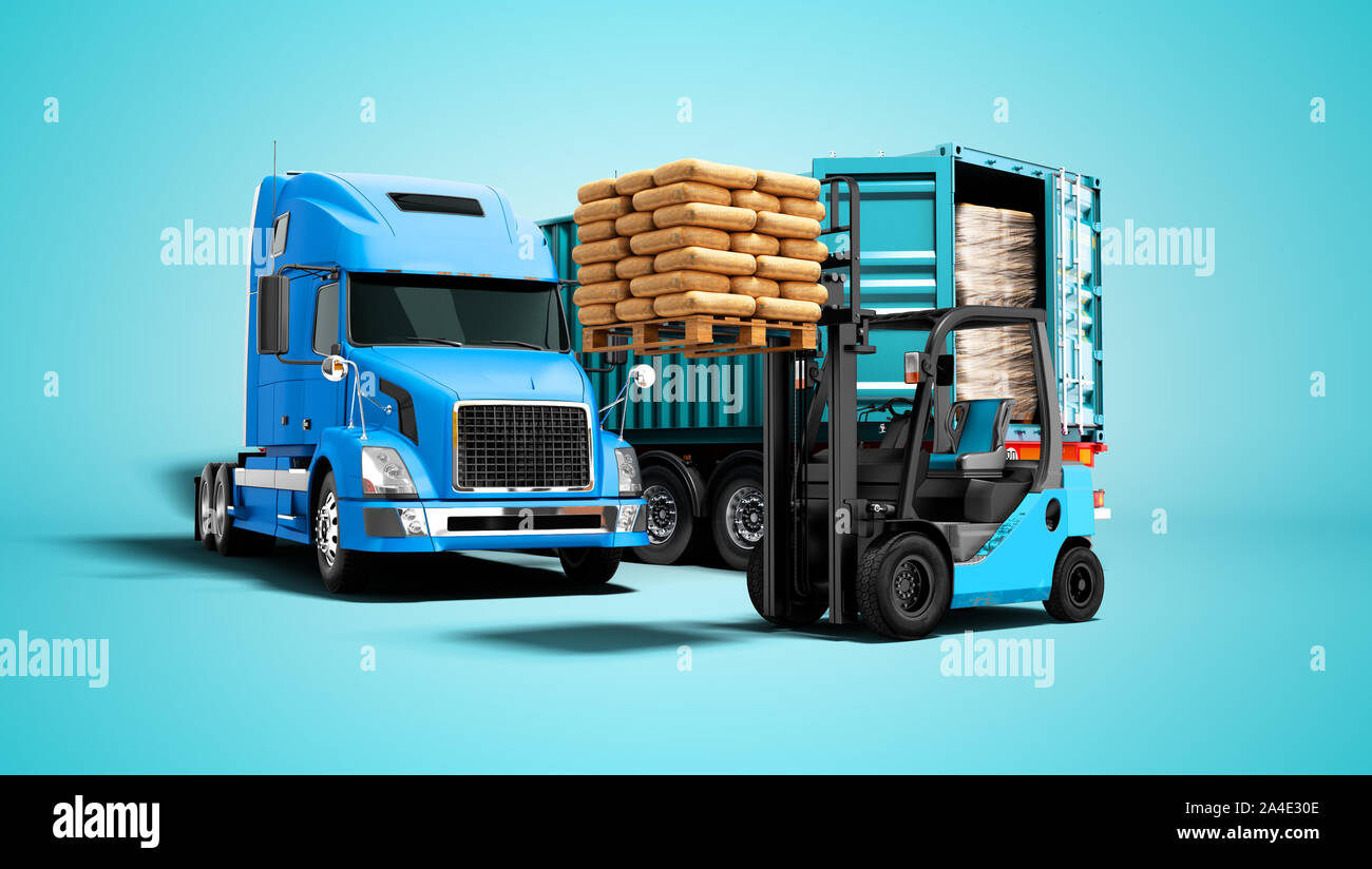 Modern concept of unloading cargo from blue from truck with trailer ...