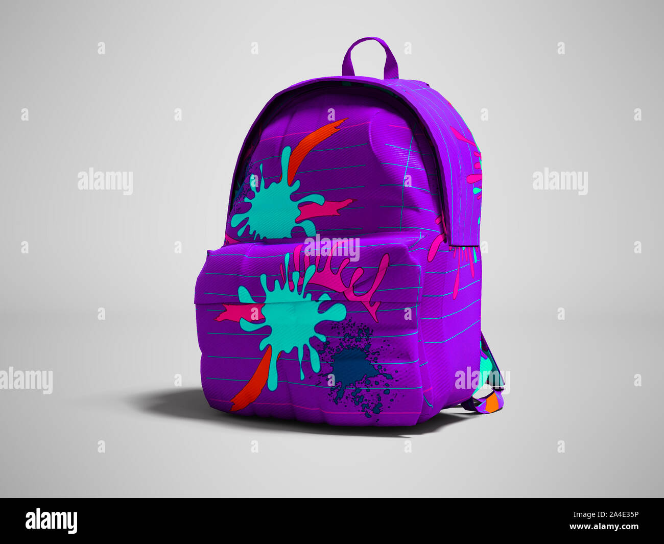 Purple school bag backpack with spots right view 3d render on gray ...