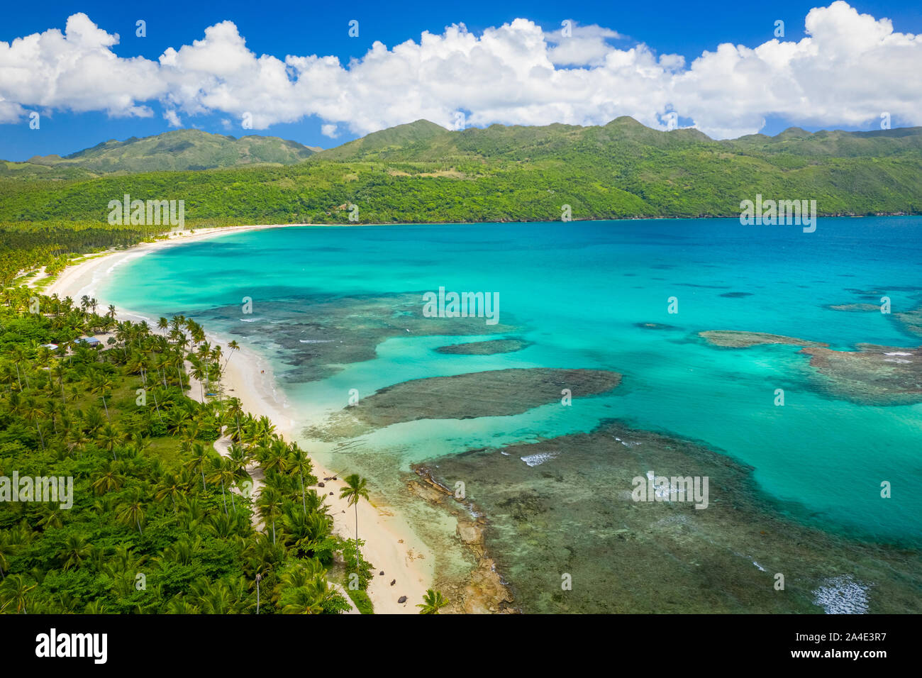 Aerial photography of wonderful tropical panorama of Rincon bay.Samana ...