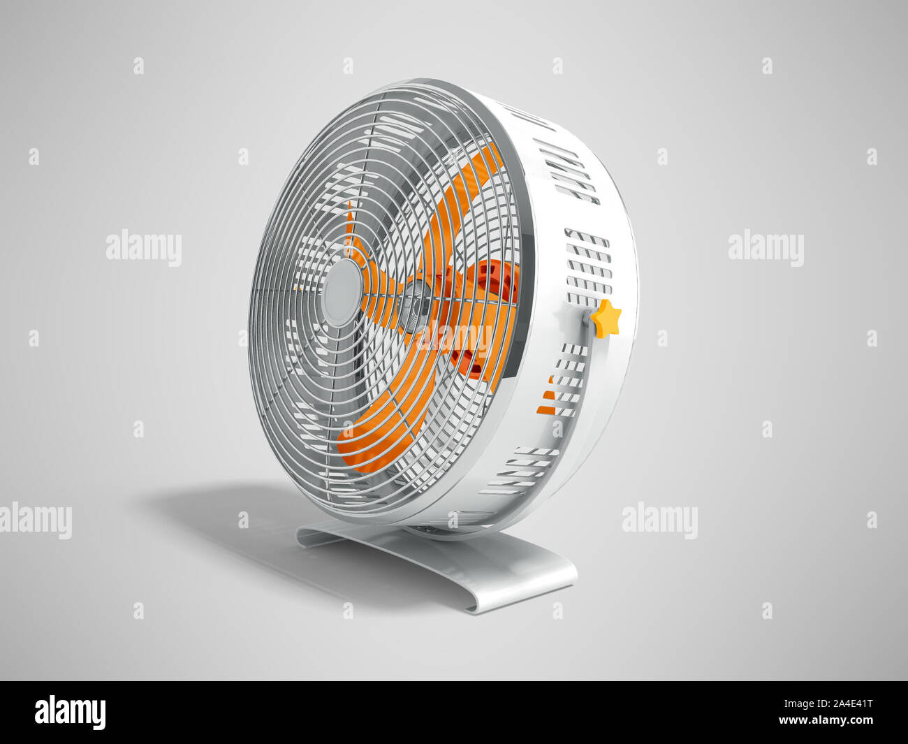 Modern orange metal fan for cooling rooms right view 3d render on gray ...