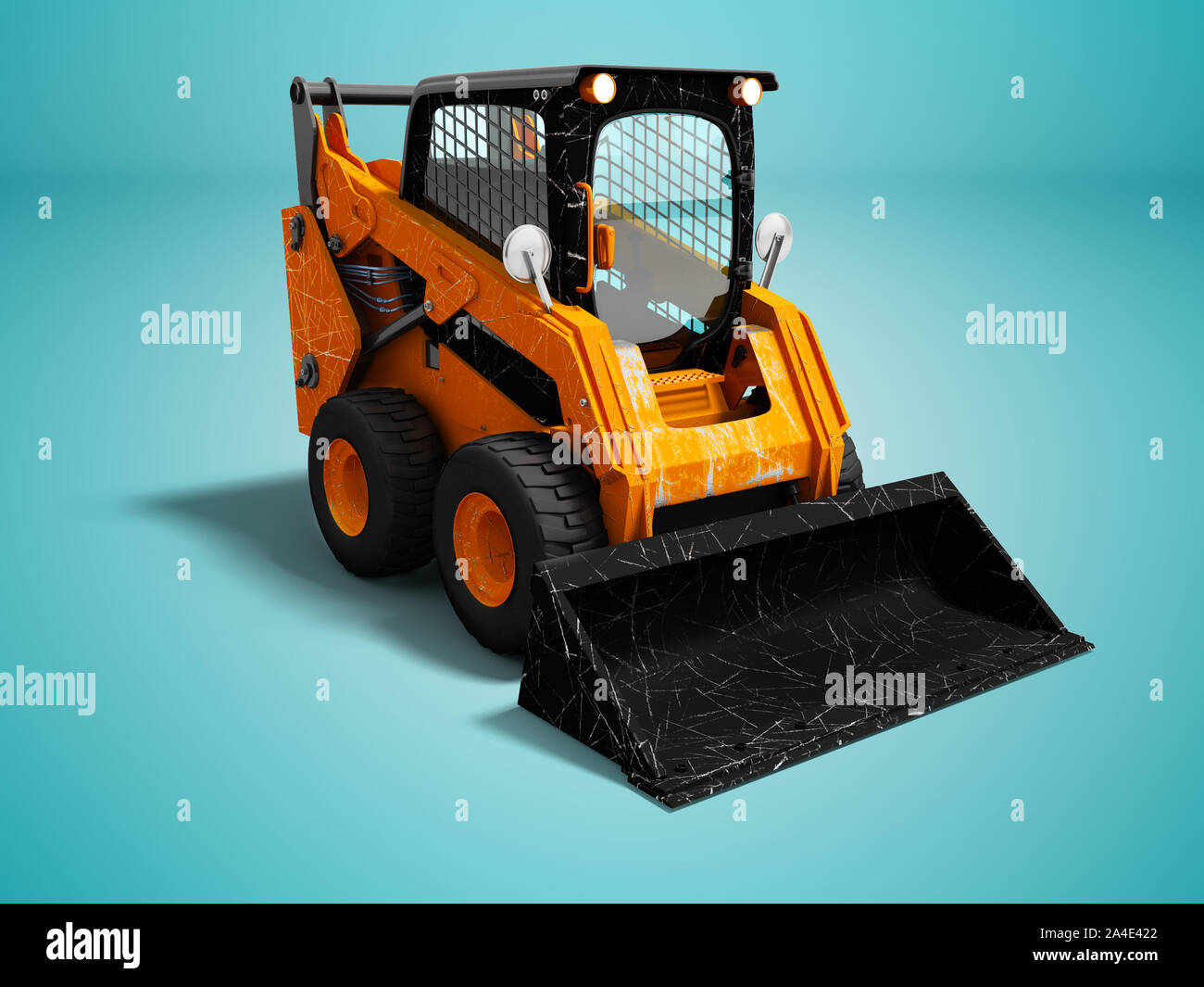 Modern orange mini loader after loading stone 3d render on blue ...
