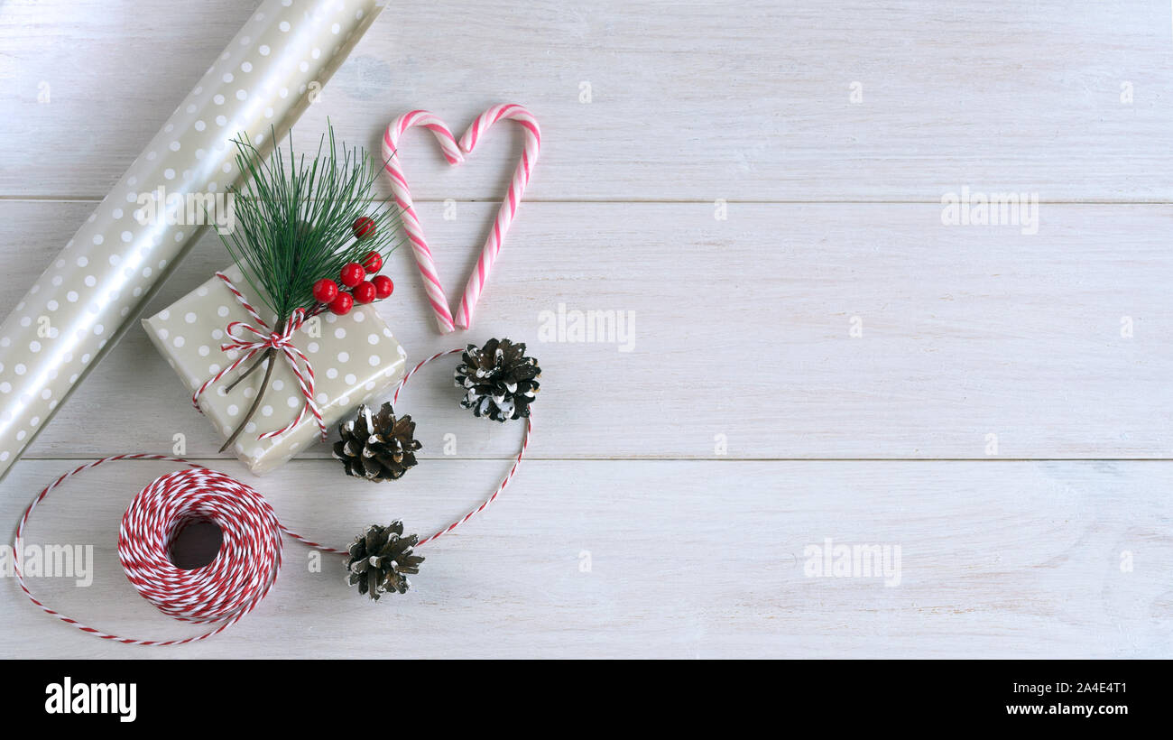 Christmas packaging background. Different wrap presents, fir tree ...