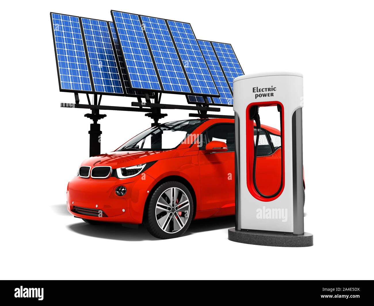 Modern concept red electro car at electric refueling with solar panels ...