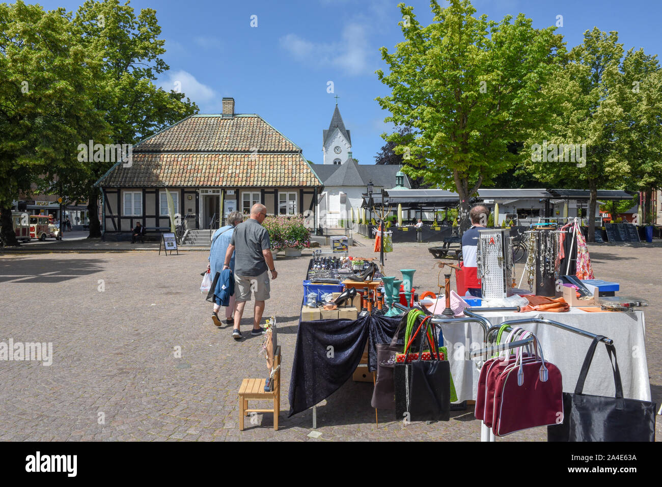 Angelholm, Sweden - 29 June 2019: people at the market of Angelholm on ...