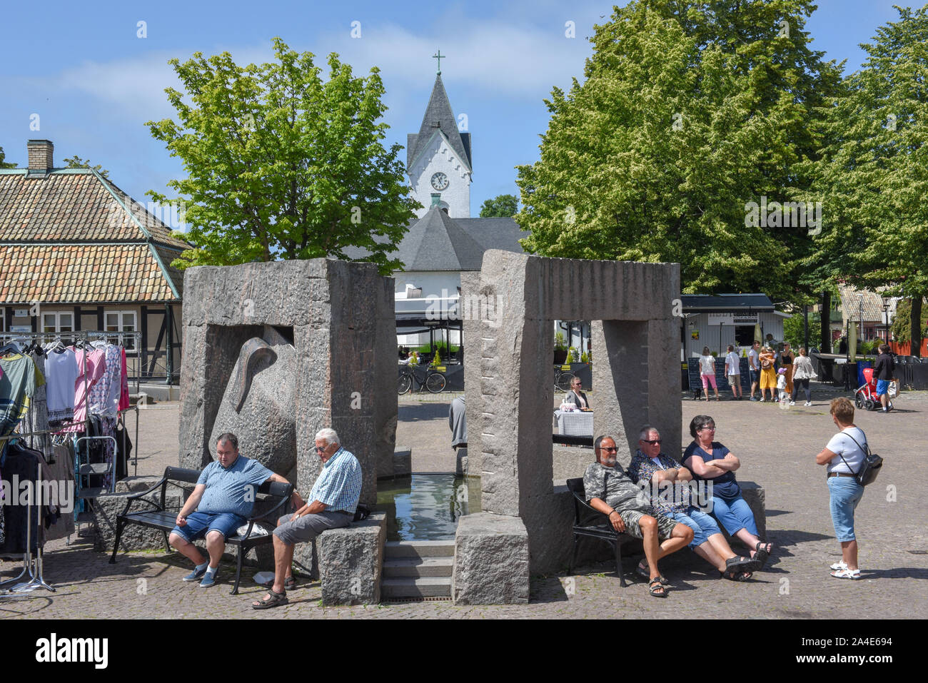 Angelholm, Sweden - 29 June 2019: people at the central square of ...