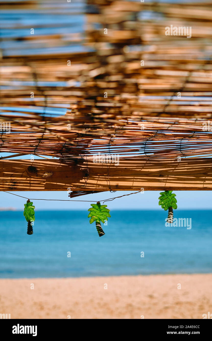 Palm tree shaped festive string lights decorating a rustic beach cafe ...