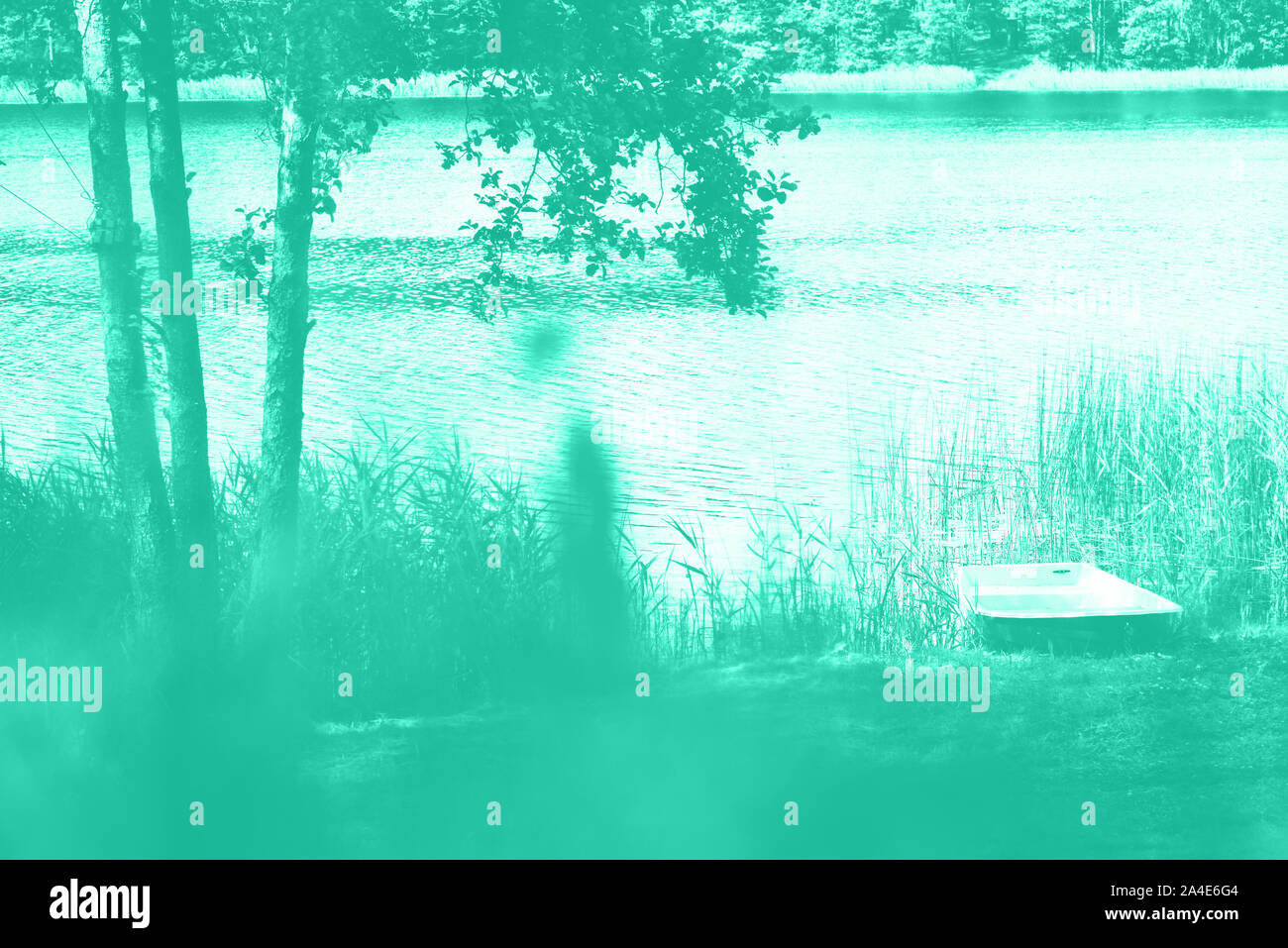 River landscape, tree, boat. Pure nature in mint color background ...