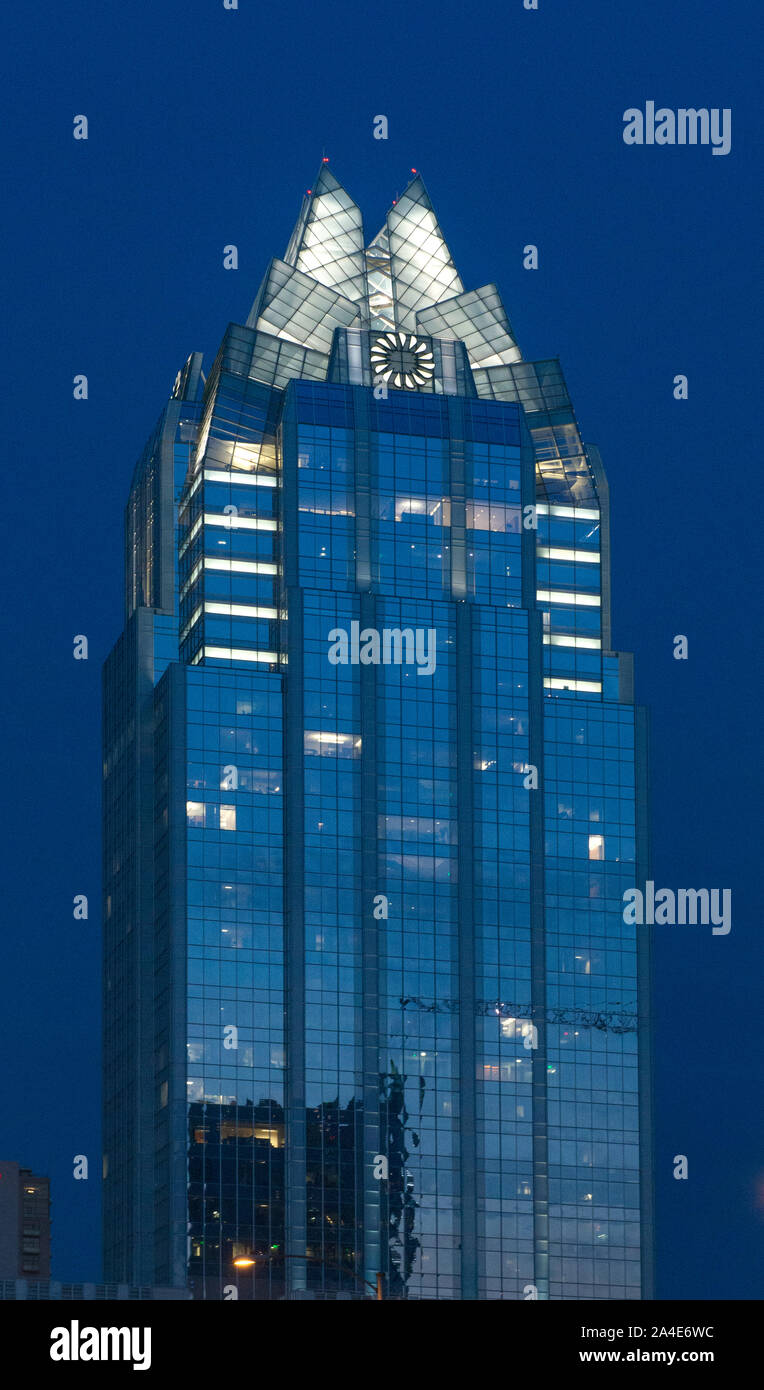 The upper reaches of Frost Bank Tower, a prominent Austin, Texas ...
