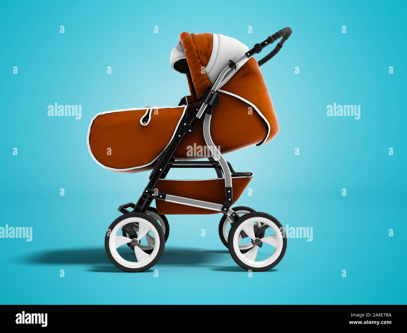 Modern orange baby stroller transformer all-season 3d render on blue ...