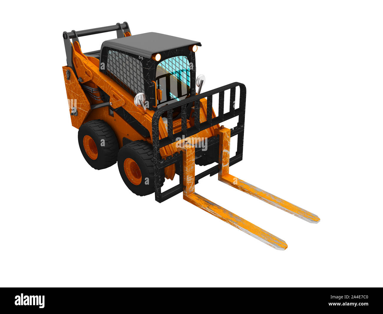 Modern orange forklift loader with scuffs on the case isolated 3d ...