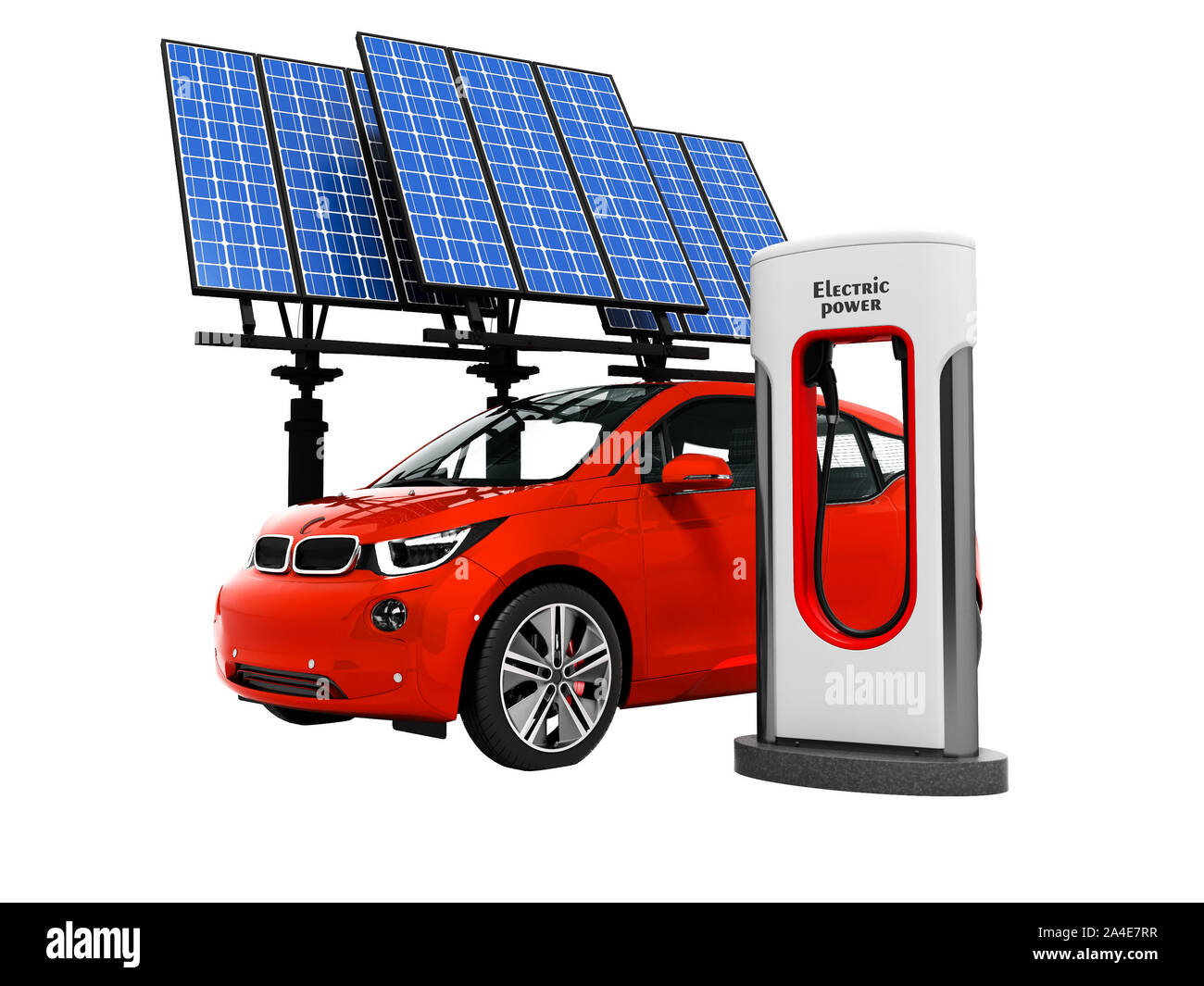 Modern concept red electro car at electric refueling with solar panels ...