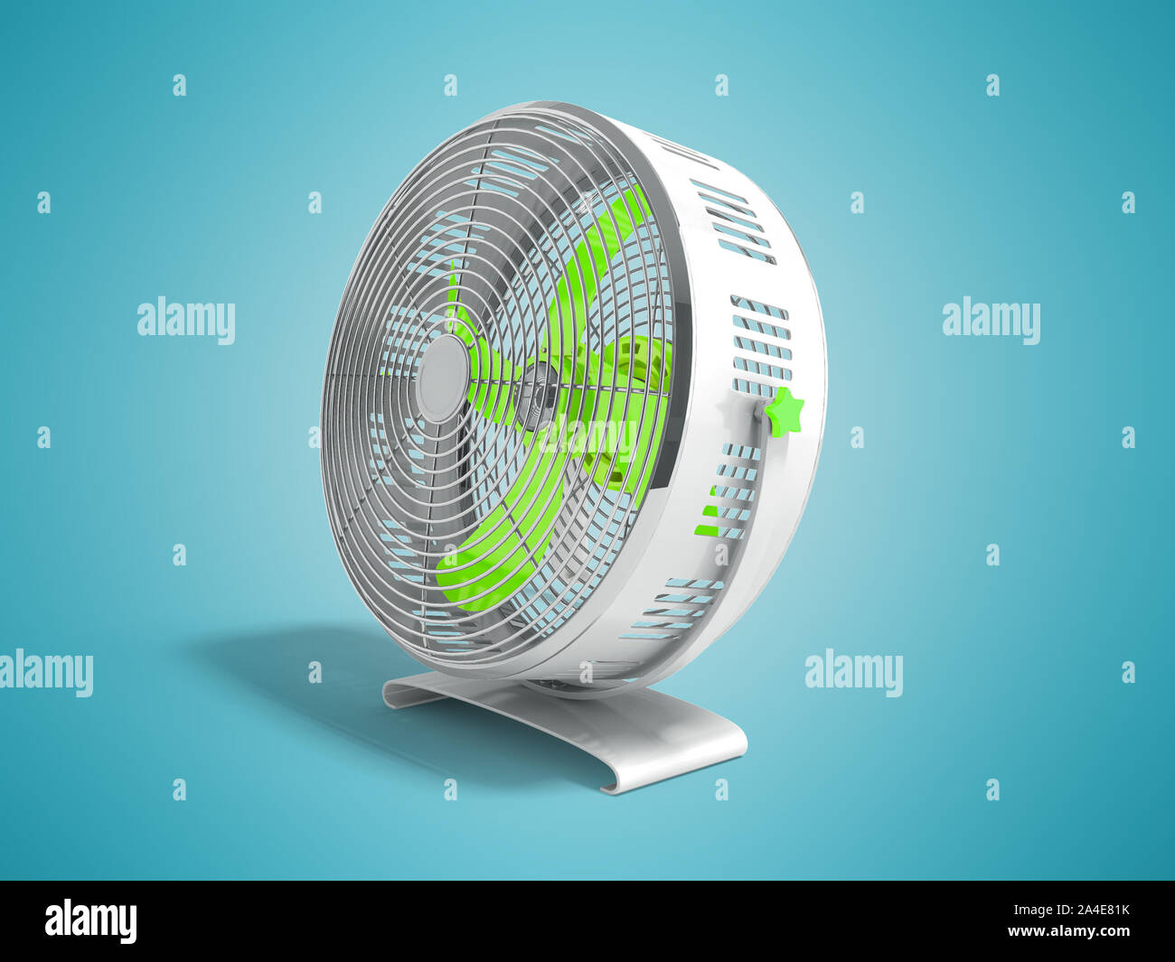 Modern green metal fan for cooling rooms right view 3d render on blue ...