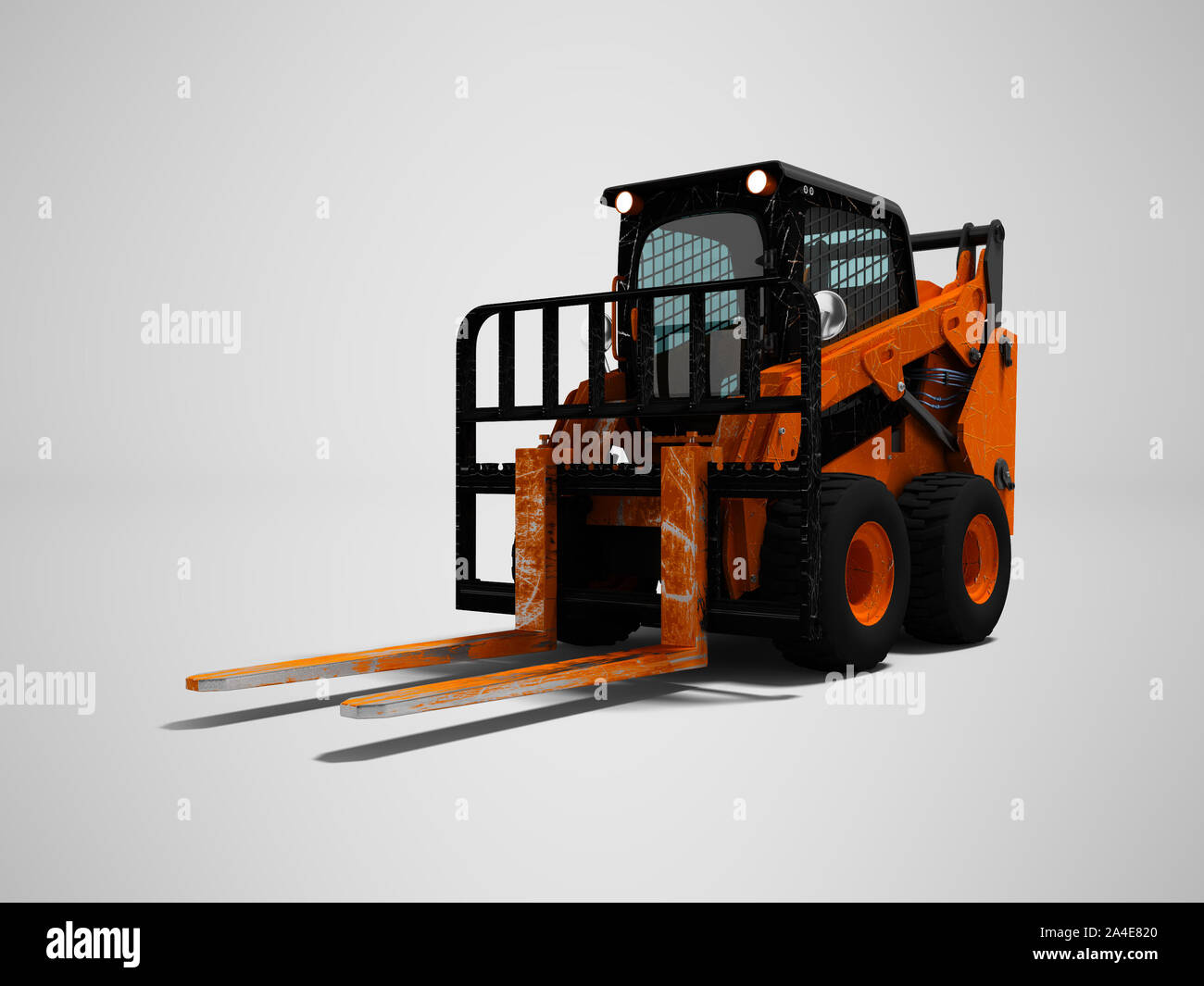 Modern orange forklift loader with scuffs on the case 3d render on gray ...