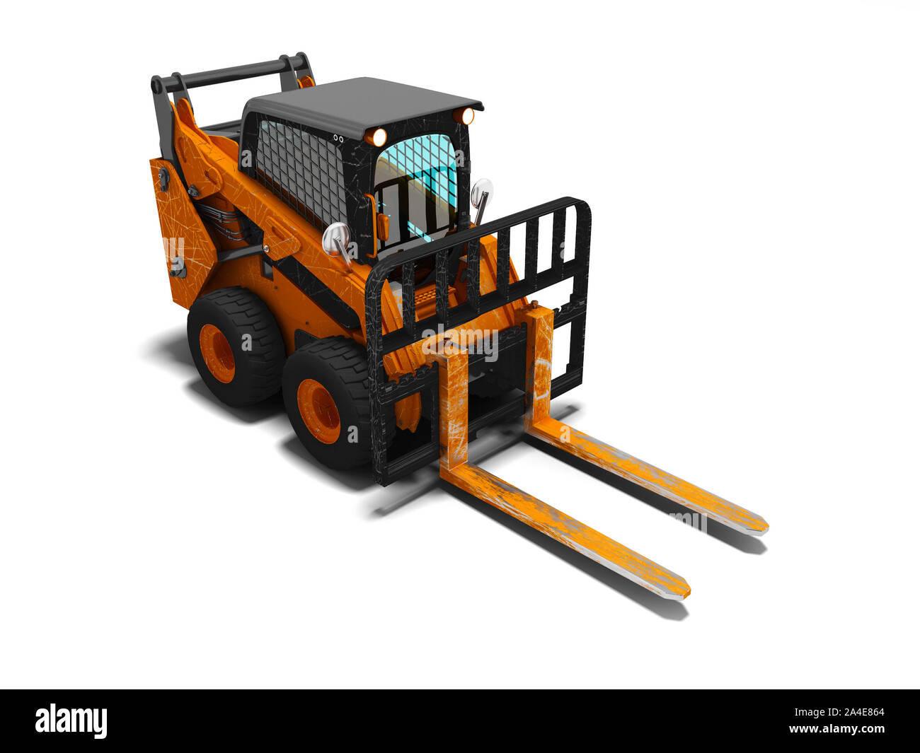 Modern orange forklift loader with scuffs on the case isolated 3d ...