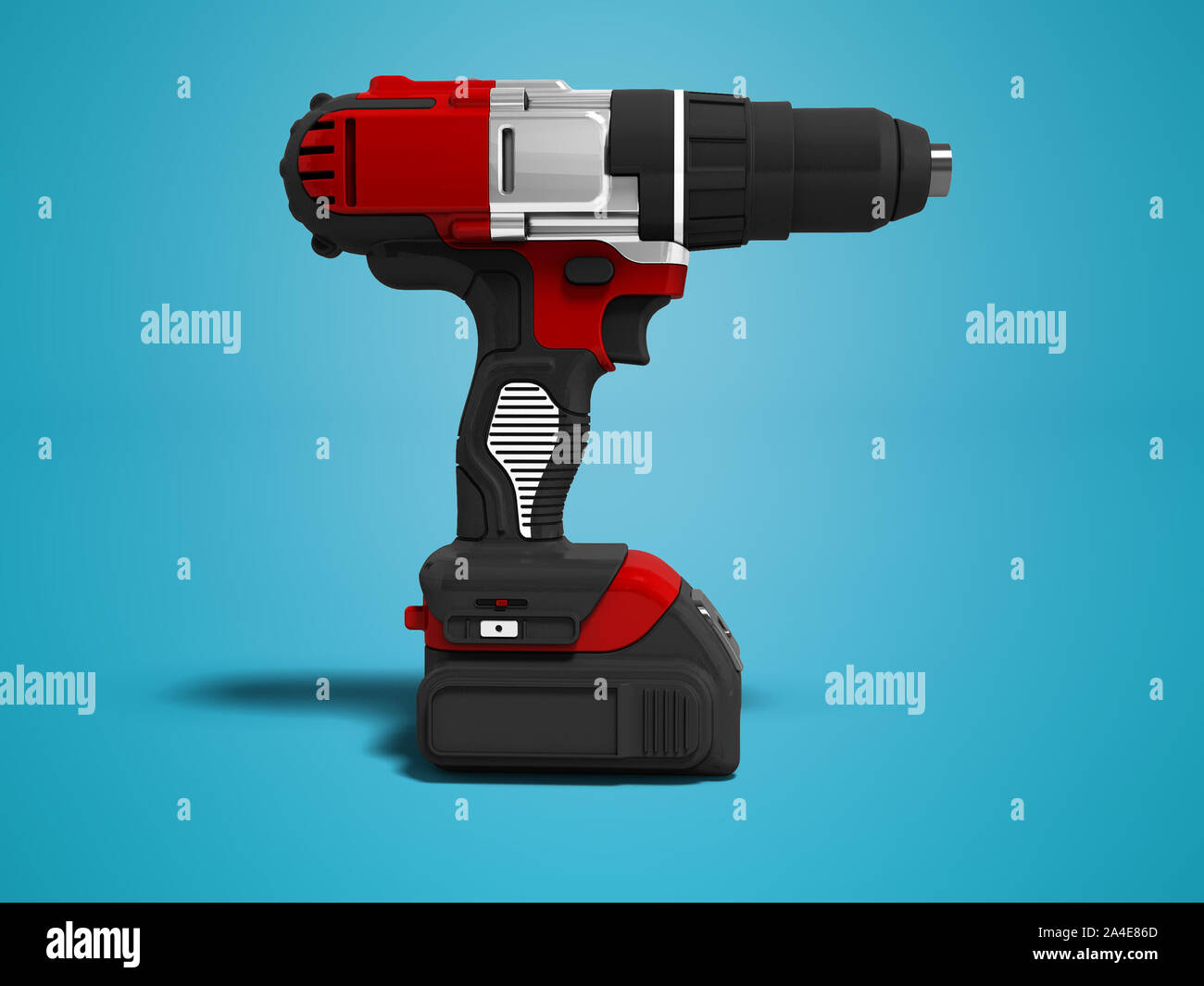 Modern red cordless drill with rechargeable battery side view 3d render ...